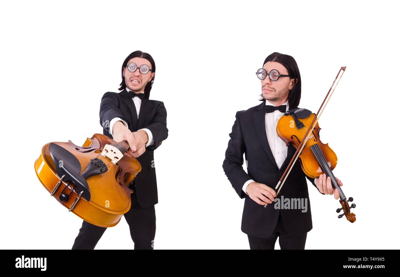 Funny man with music instrument on white Stock Photo - Alamy