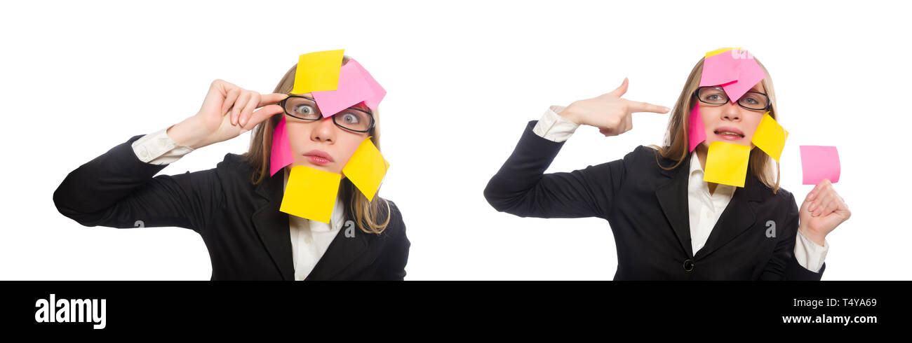 Woman with reminders isolated on white Stock Photo - Alamy