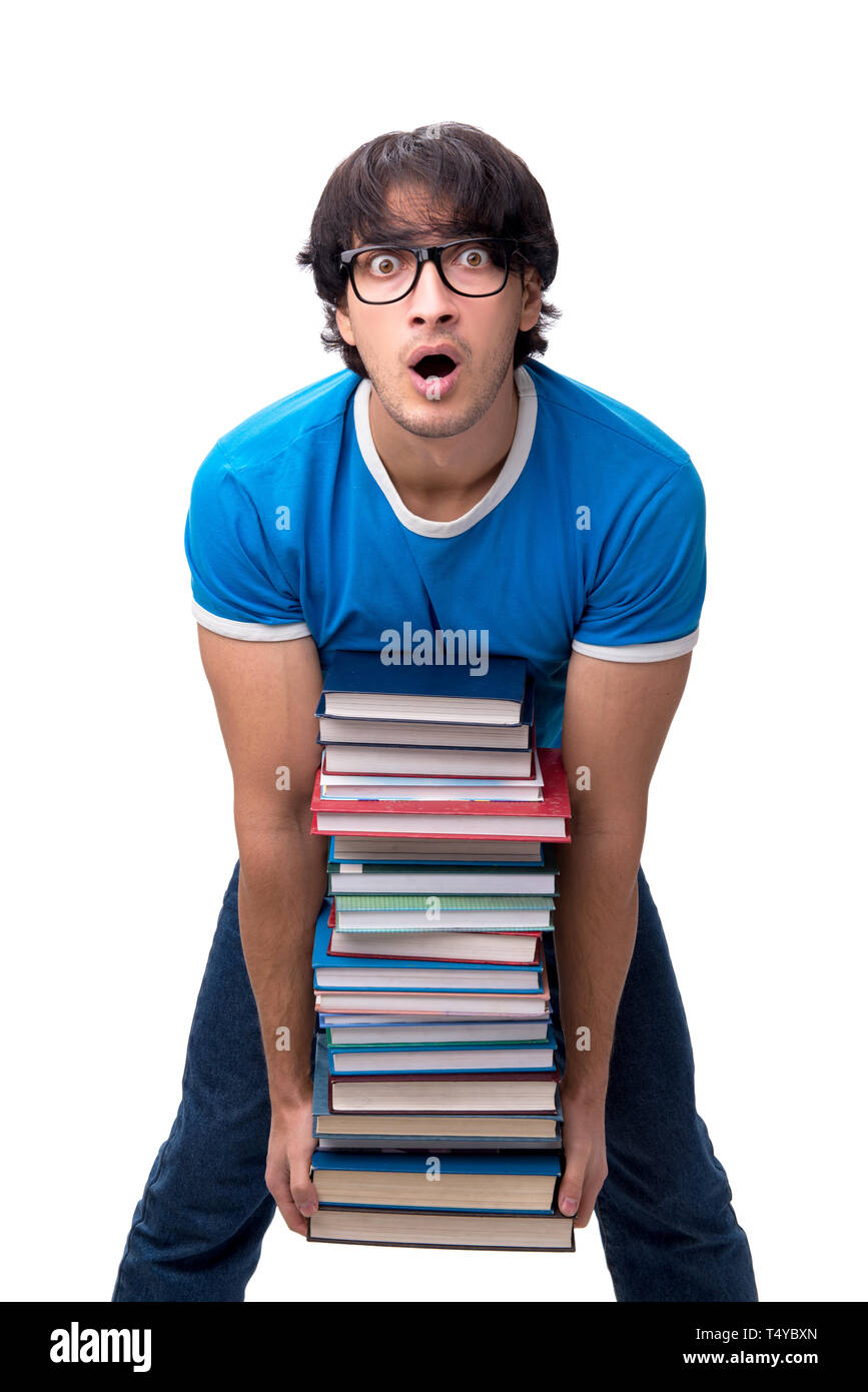 Male student with many books isolated on white Stock Photo - Alamy