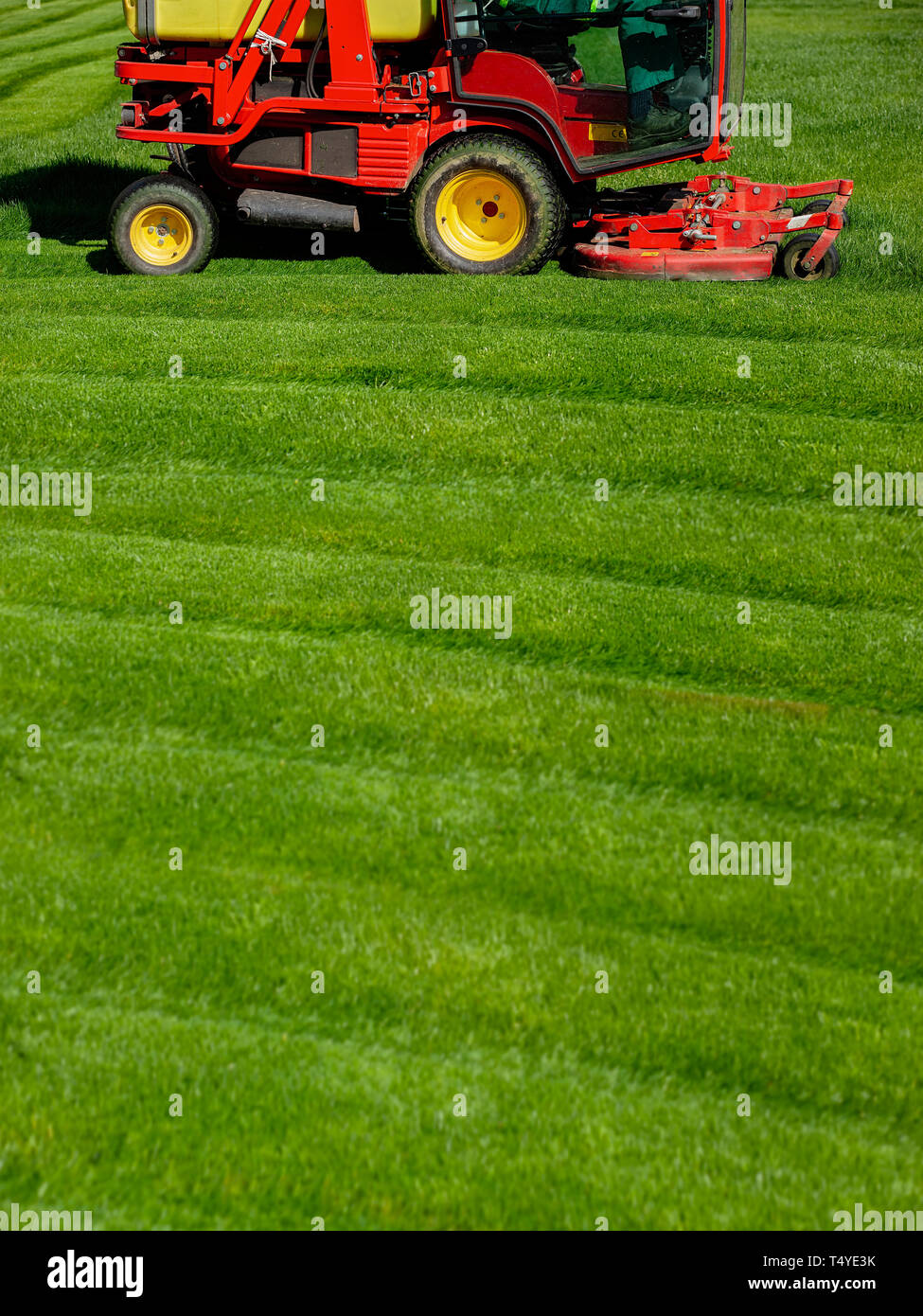 Bright red lawn mower on a freshly cut green grass mowing Stock Photo ...