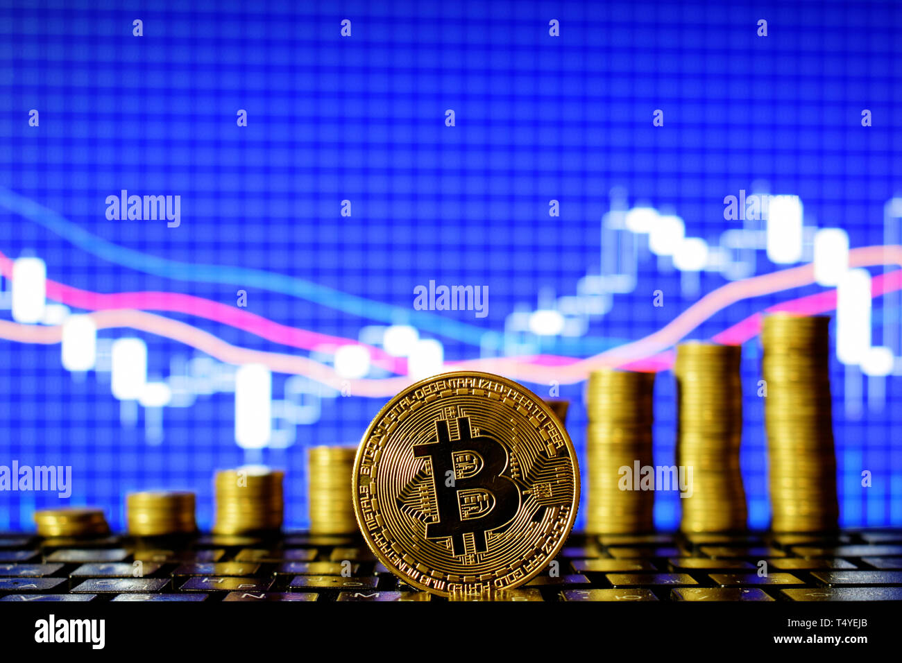 Financial growth concept with golden Bitcoins ladder on forex chart ...