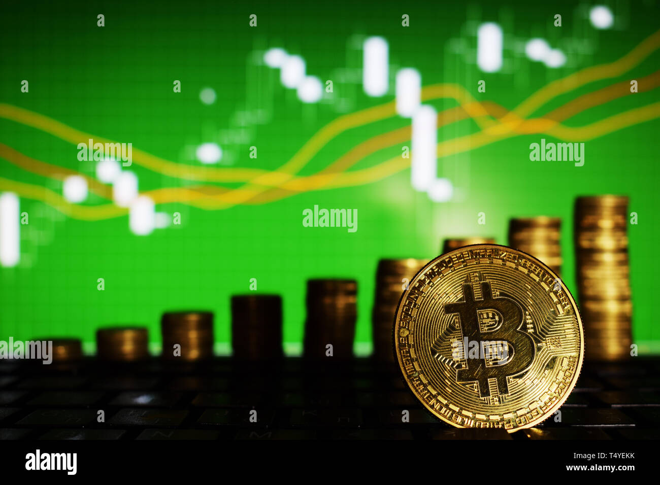 Financial growth concept with golden Bitcoins ladder on forex chart ...