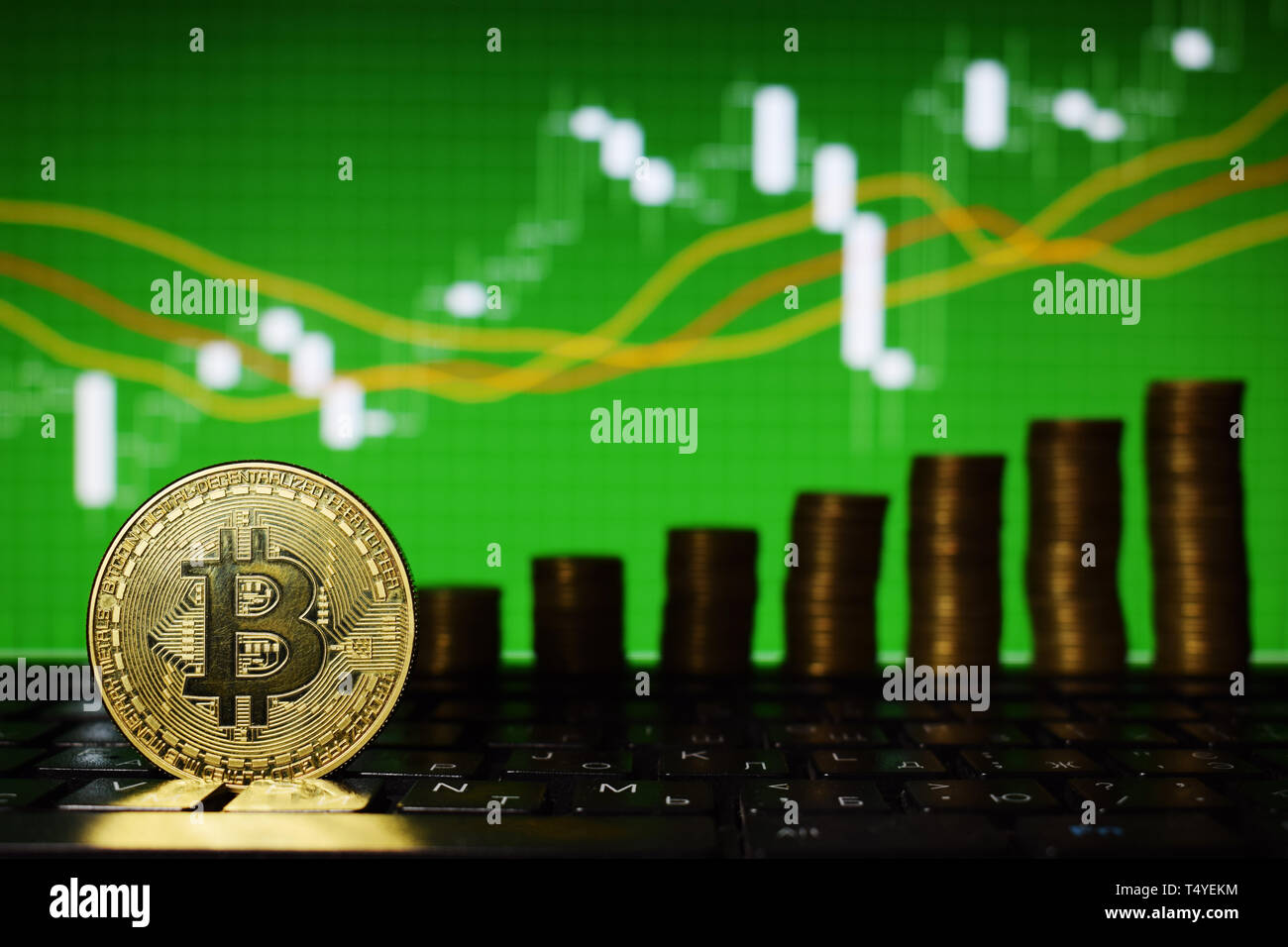 Financial growth concept with golden Bitcoins ladder on forex chart ...