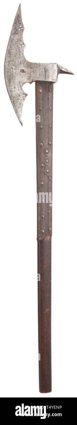 A German battle axe, 1st half of the 16th century. Curved edge, the back serrated, with point ...