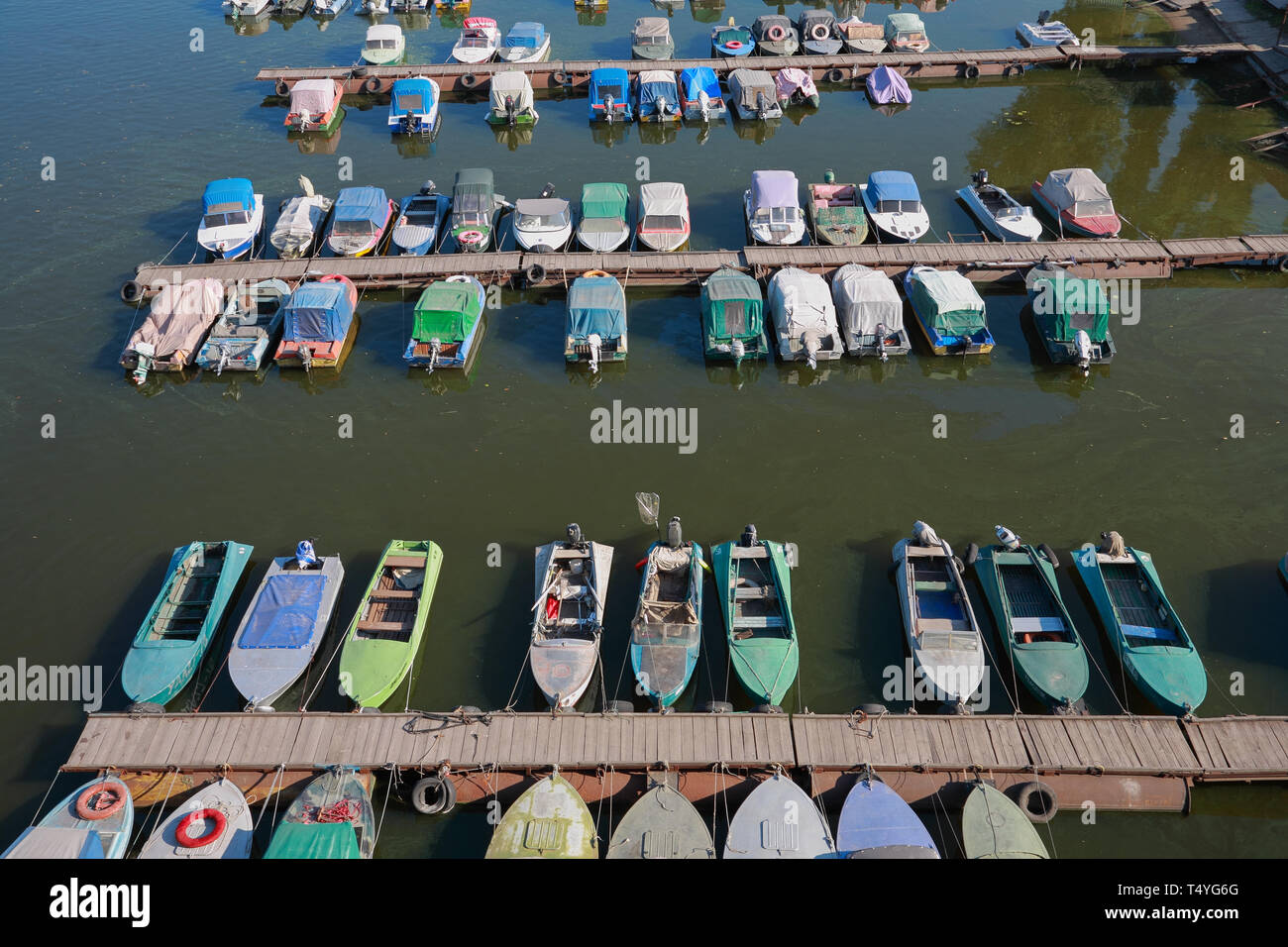 Pier of motor boats, view from above Stock Photo - Alamy