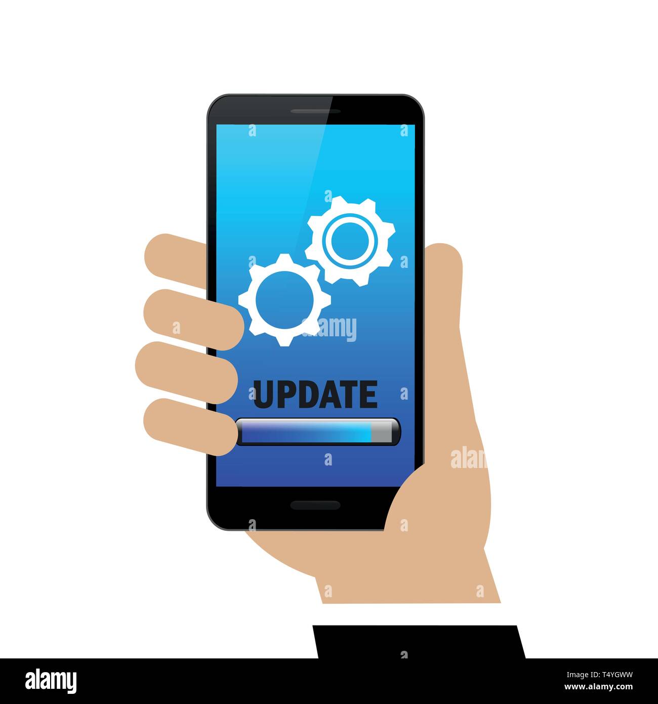 male hand is holding a black smartphone with update and gears on ...