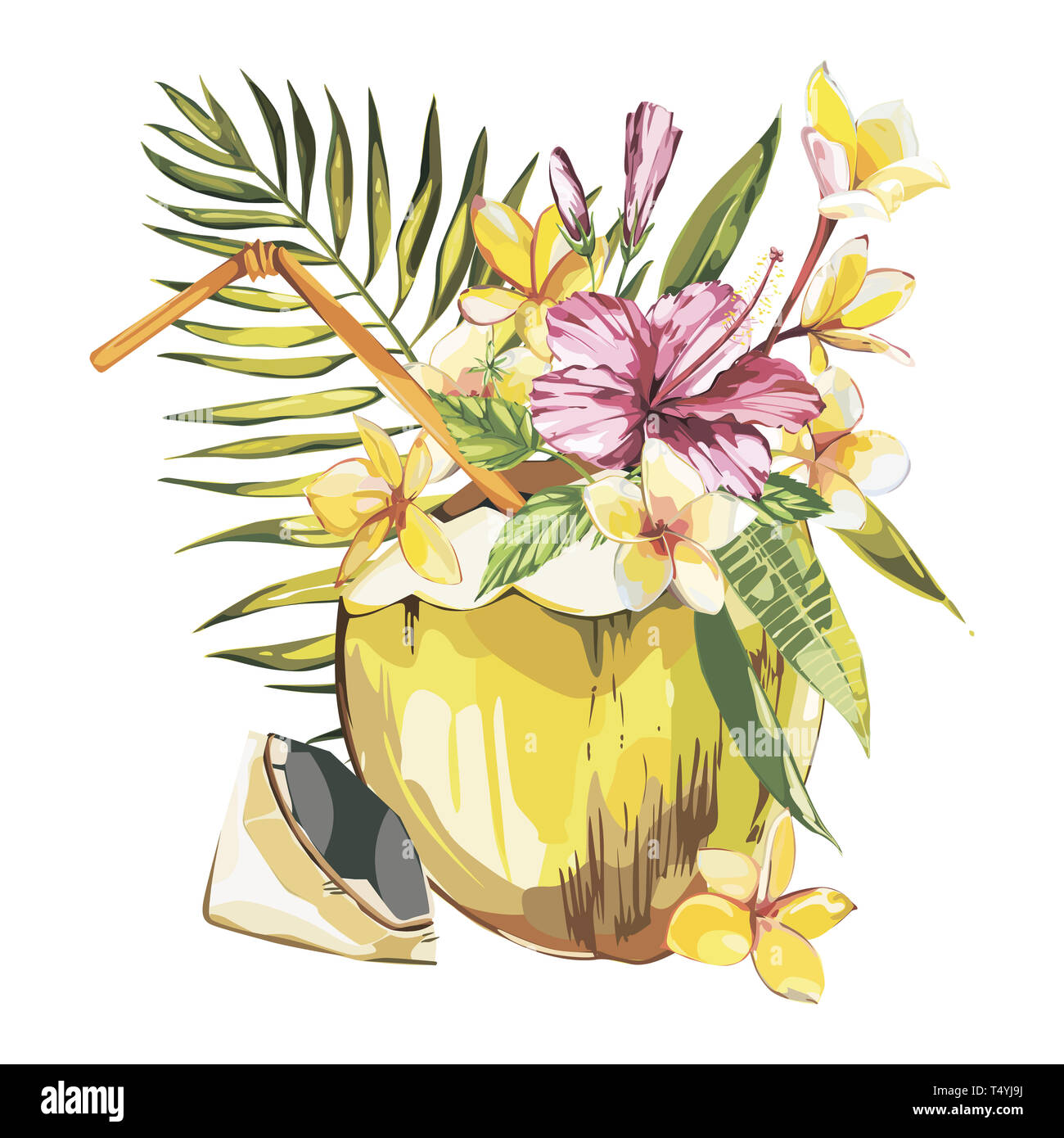 Coconut hand drawn sketch with plumeria and a pink hibiscus flowers ...
