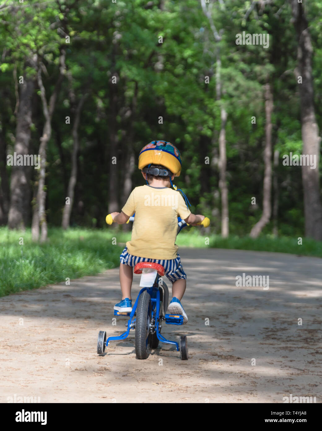 Rear view of Asian toddler boy riding tricycle at nature park near ...