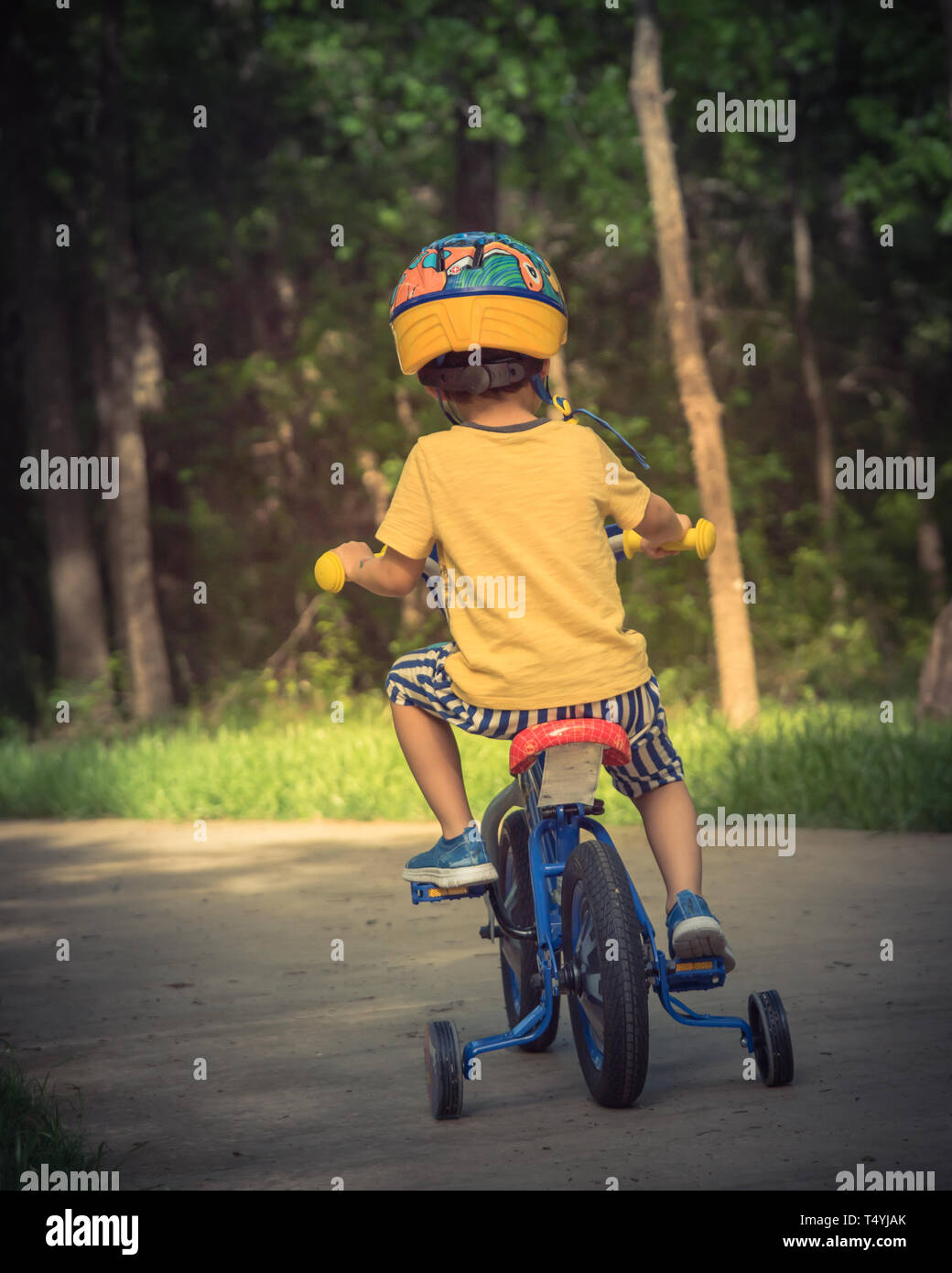 Vintage tone rear view of Asian toddler boy riding tricycle at nature ...