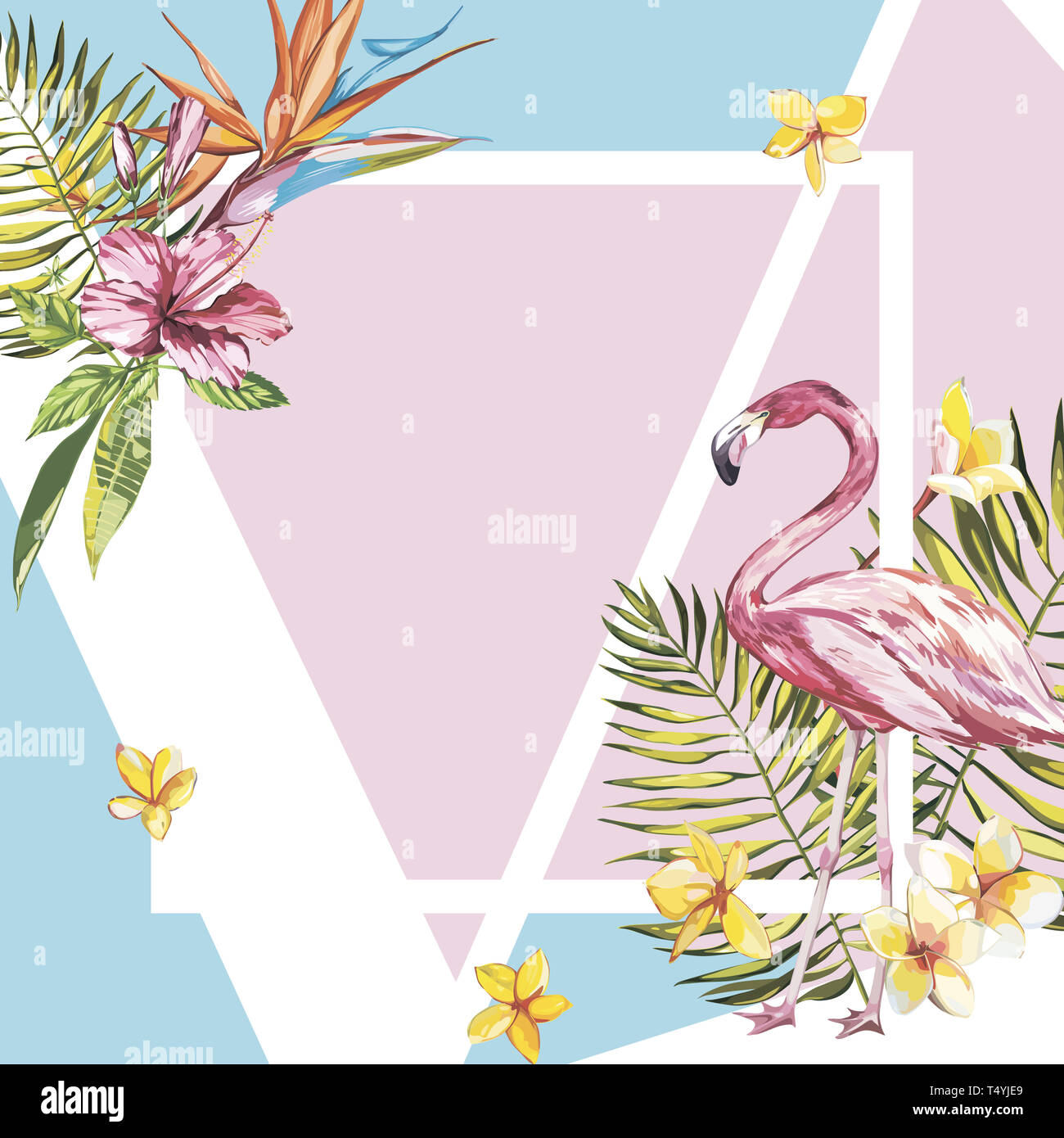 Banner, poster with flamingo, palm leaves, jungle leaf. Beautiful ...