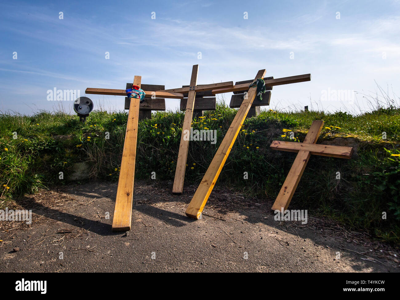 Crosses carried by Pilgrims lay on the Holy Island of Lindisfarne in ...