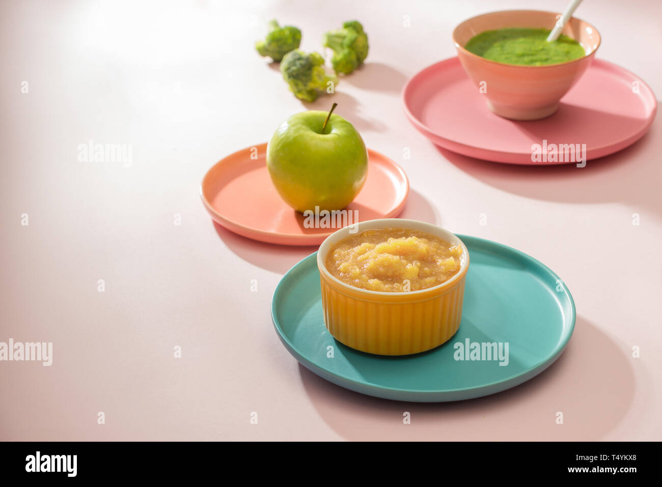 Natural baby food concept. Different types of vegetable puree on the ...