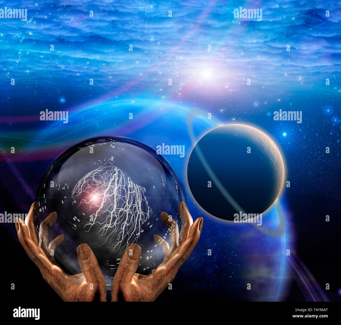 Crystal ball in prophet hands, Deep space Stock Photo - Alamy