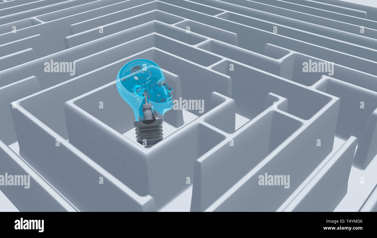 Light bulb in the center of the maze, Symbolic Solution Stock Photo - Alamy