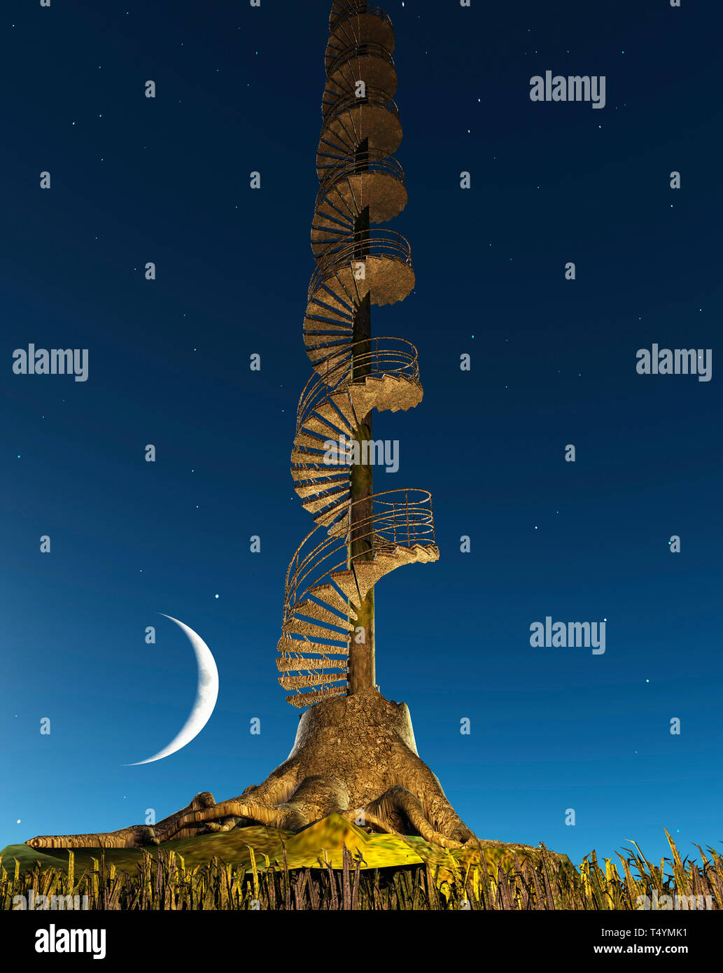 Circular Staircase rises into twilight sky from Tree Stump Stock Photo ...