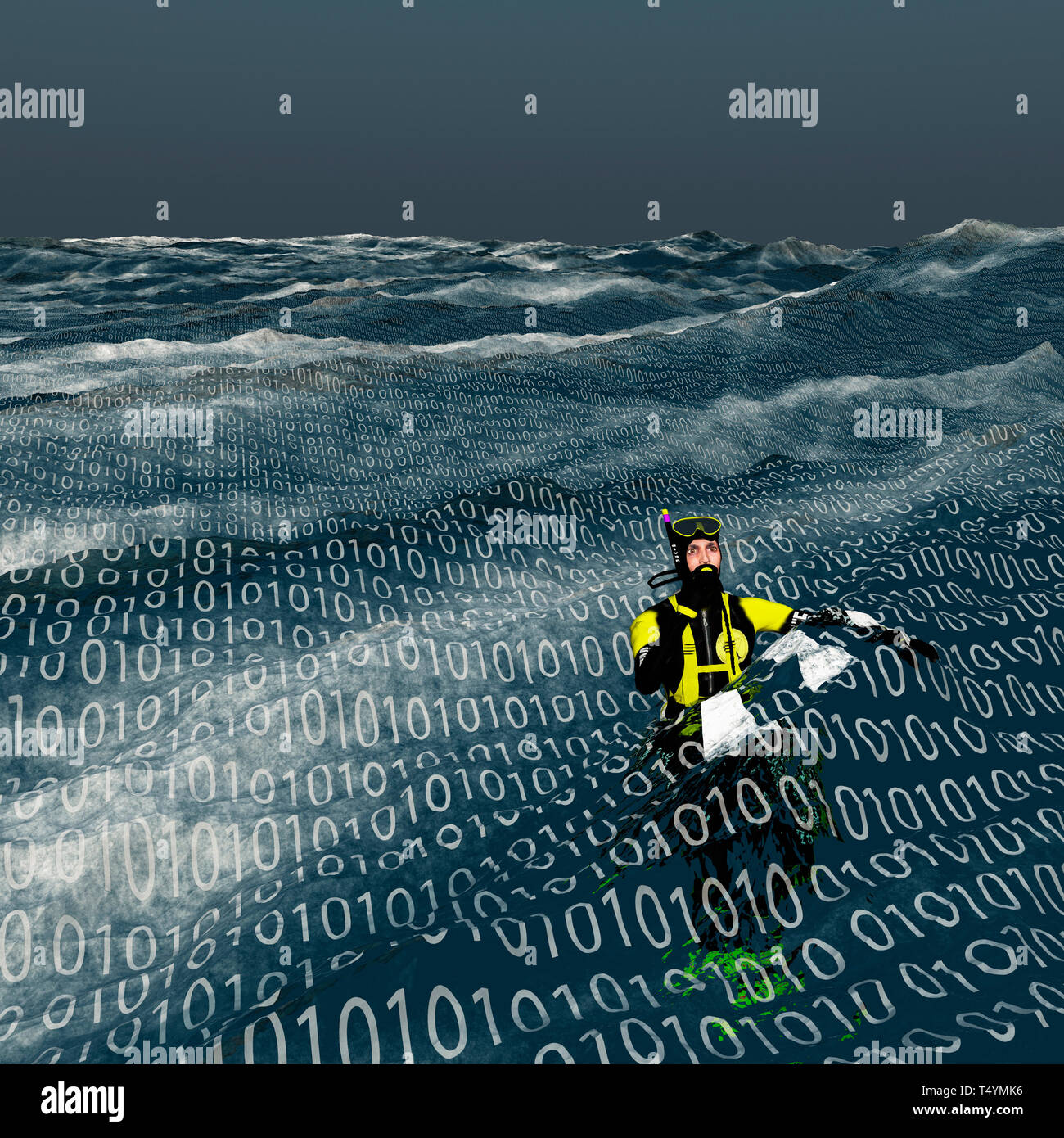 Diver floats at surface of binary sea, Computer and internet concept ...