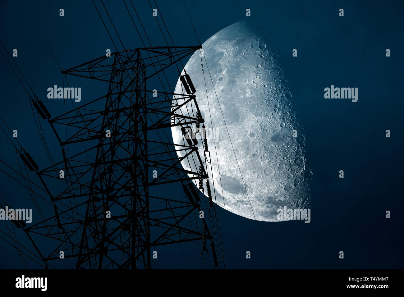 half moon back silhouette power electric pole and night heap cloud on ...