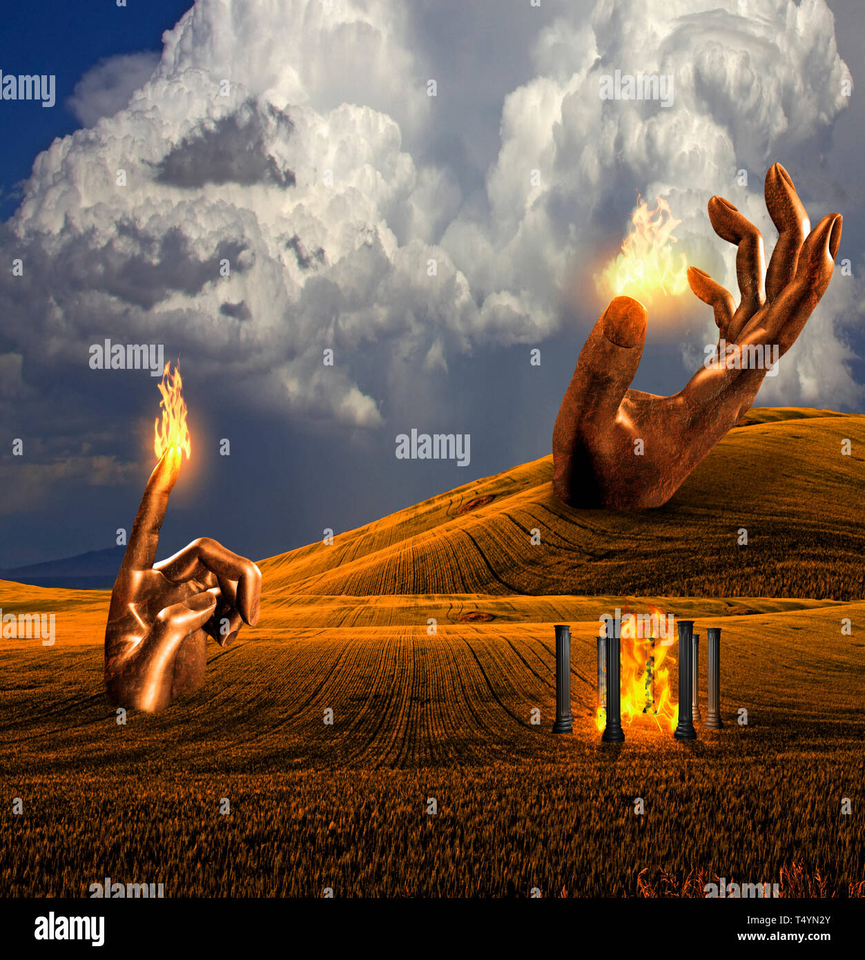 Surreal Landscape with giant sculptures and temple of fire Stock Photo ...