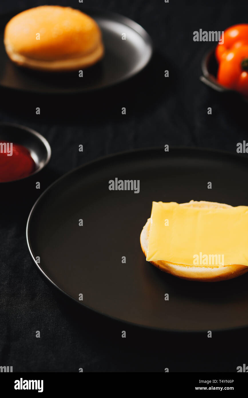 Process making of burger, step by step isolated on black background ...