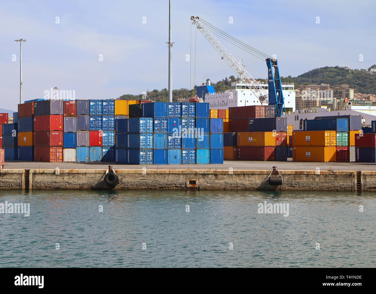 GENOA, ITALY - Cargo ship, cranes and the container terminal of the ...