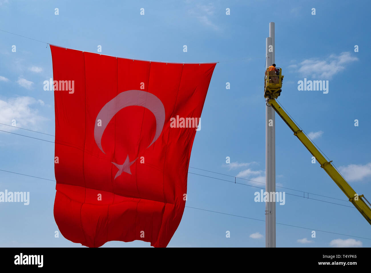 Istanbul, Turkey - June 17, 2016: Big Turkish flag hoisted in public ...