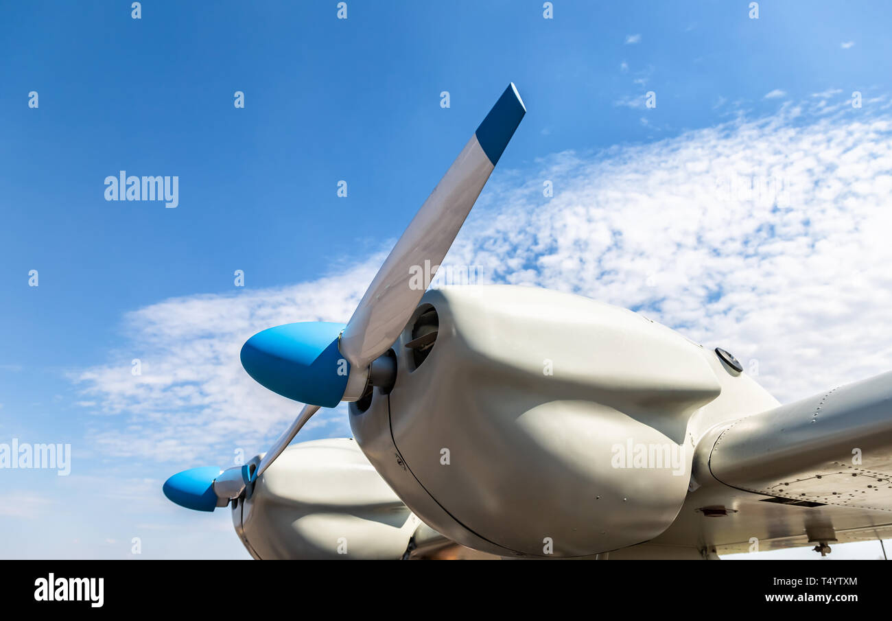 Turbine of russian small turboprop aircraft against the blue sky ...