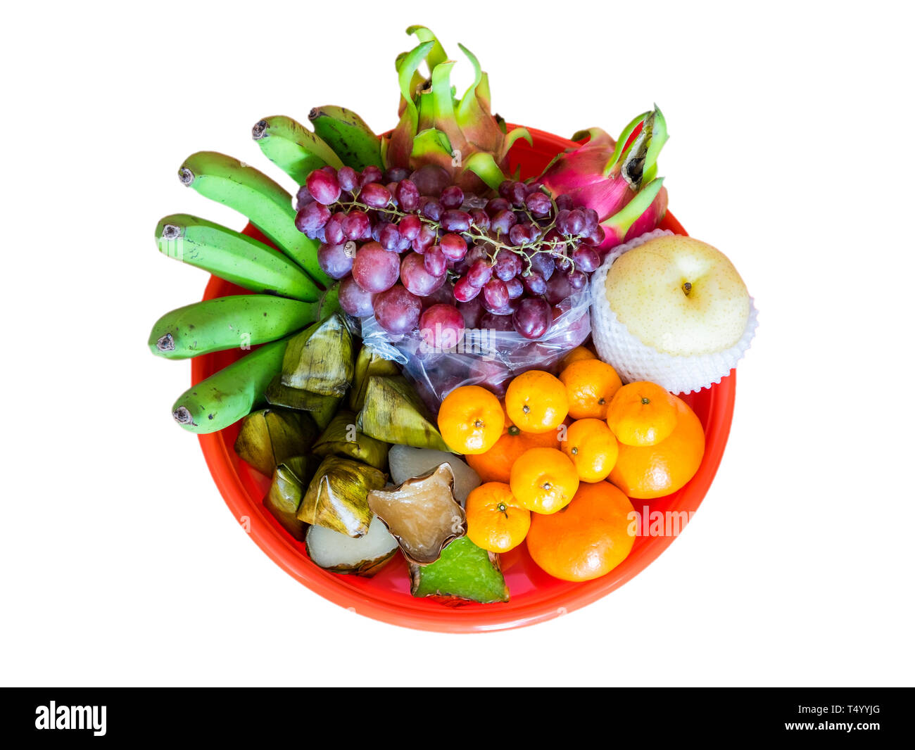 Various fruits and dessert on red tray in chinese festival,isolated on ...
