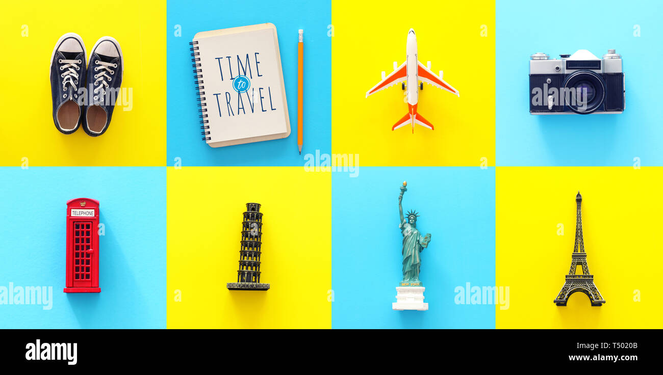 Travel collage concept with world symbols and icons. Top view Stock ...