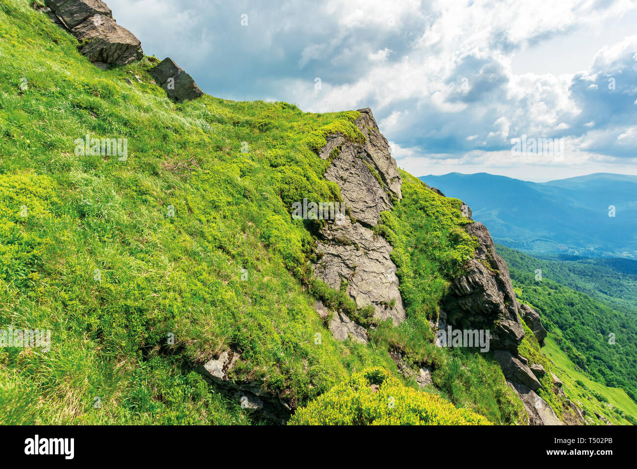 summer landscape in carpathian mountains. huge rocky formation on the ...