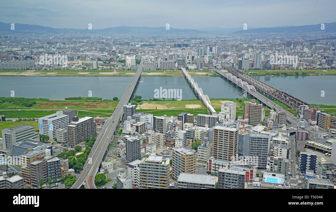 Japan Osaka cityscape, commercial and residential building, road aerial ...