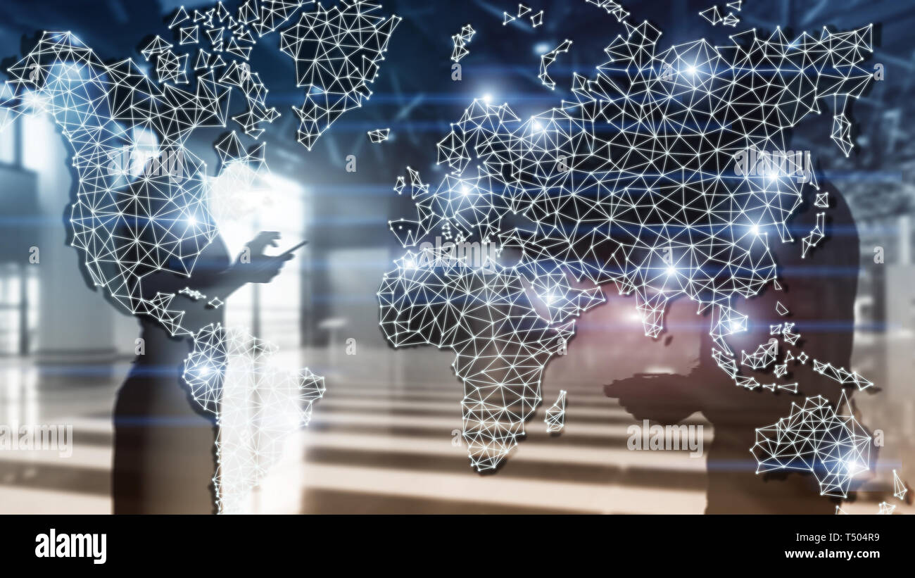 Global World Map Double Exposure Network. Telecommunication ...