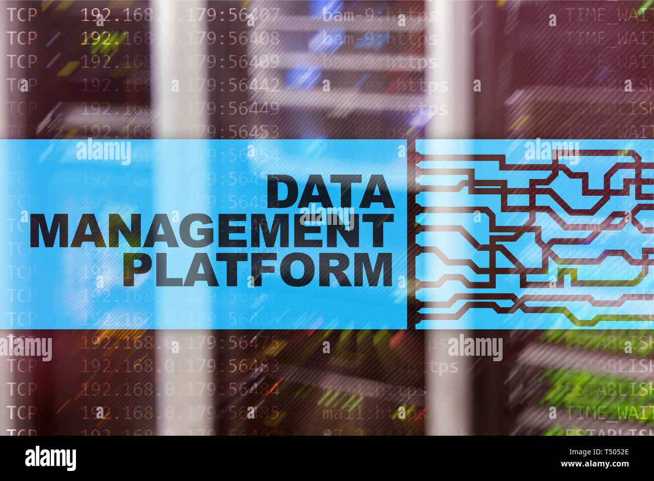 Data management and analysis platform concept on server room background ...