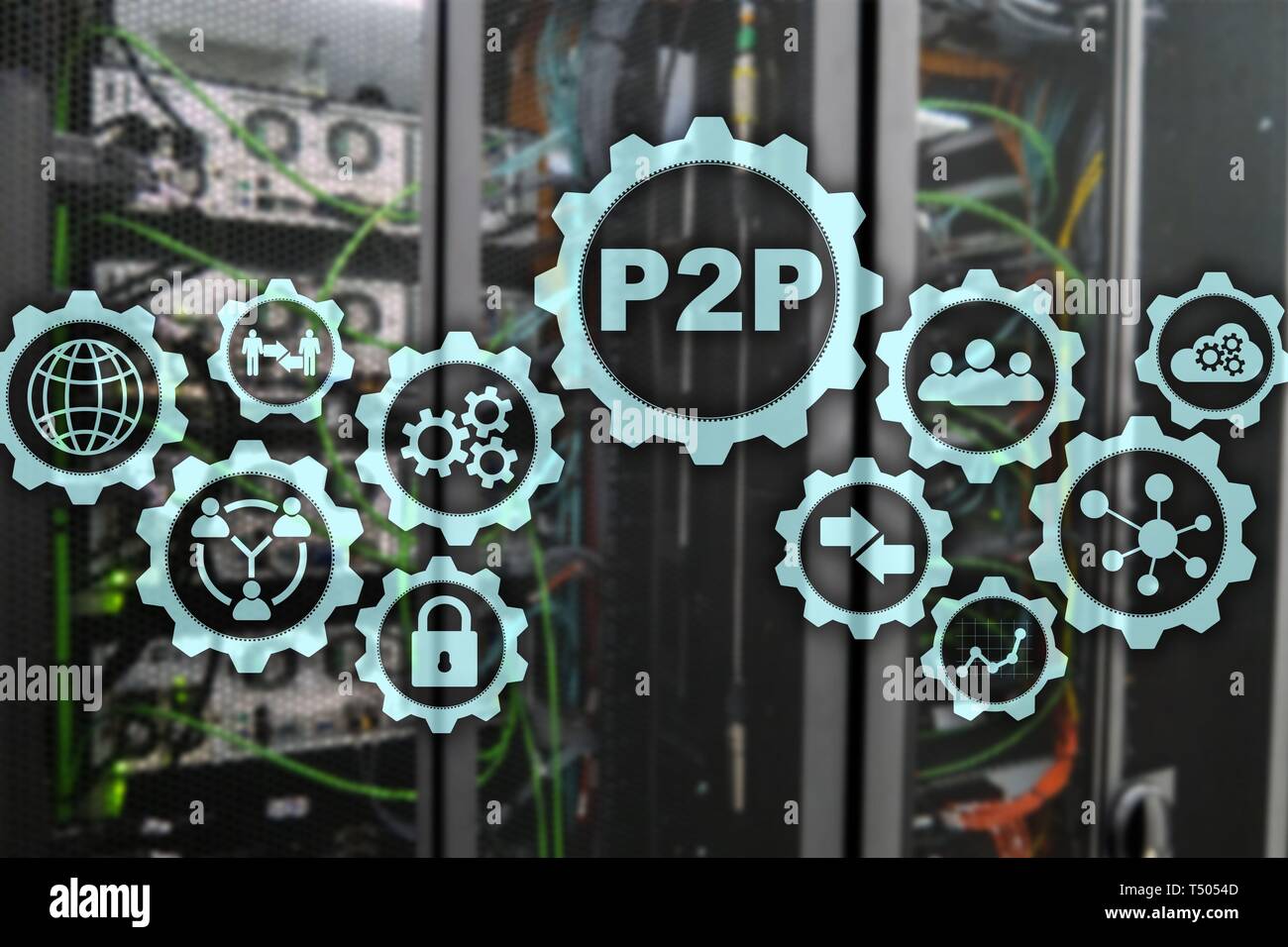 Peer to peer. P2P on the virtual screen with a server room background ...