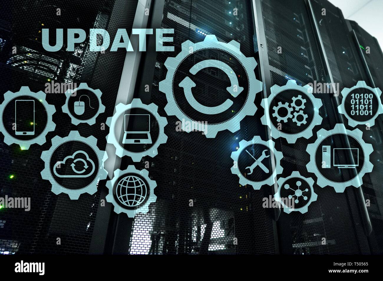 Update Software Computer on Virtual Screen Server Room Datacenter Background. Technology ...