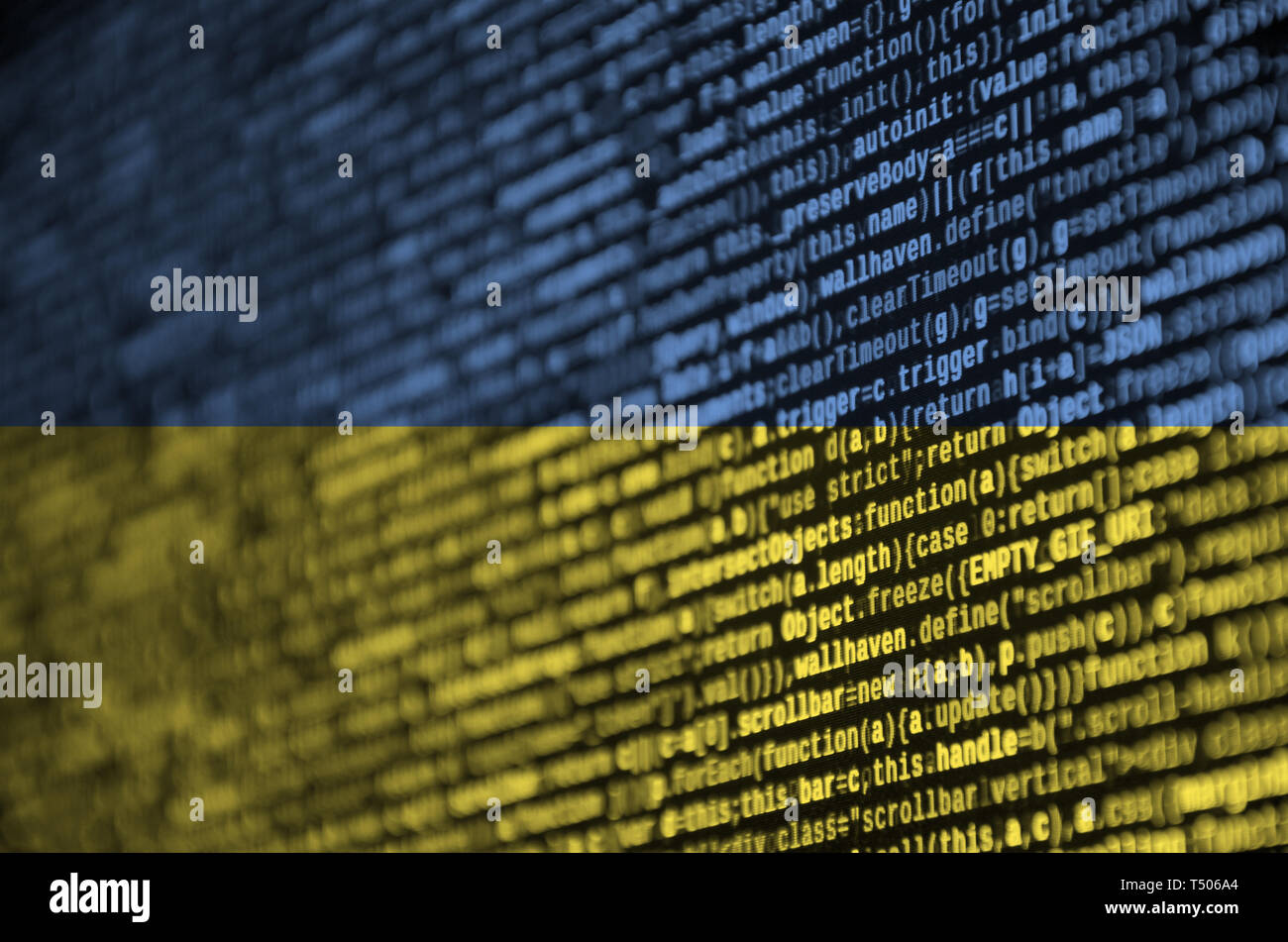 Ukraine flag is depicted on the screen with the program code. The ...