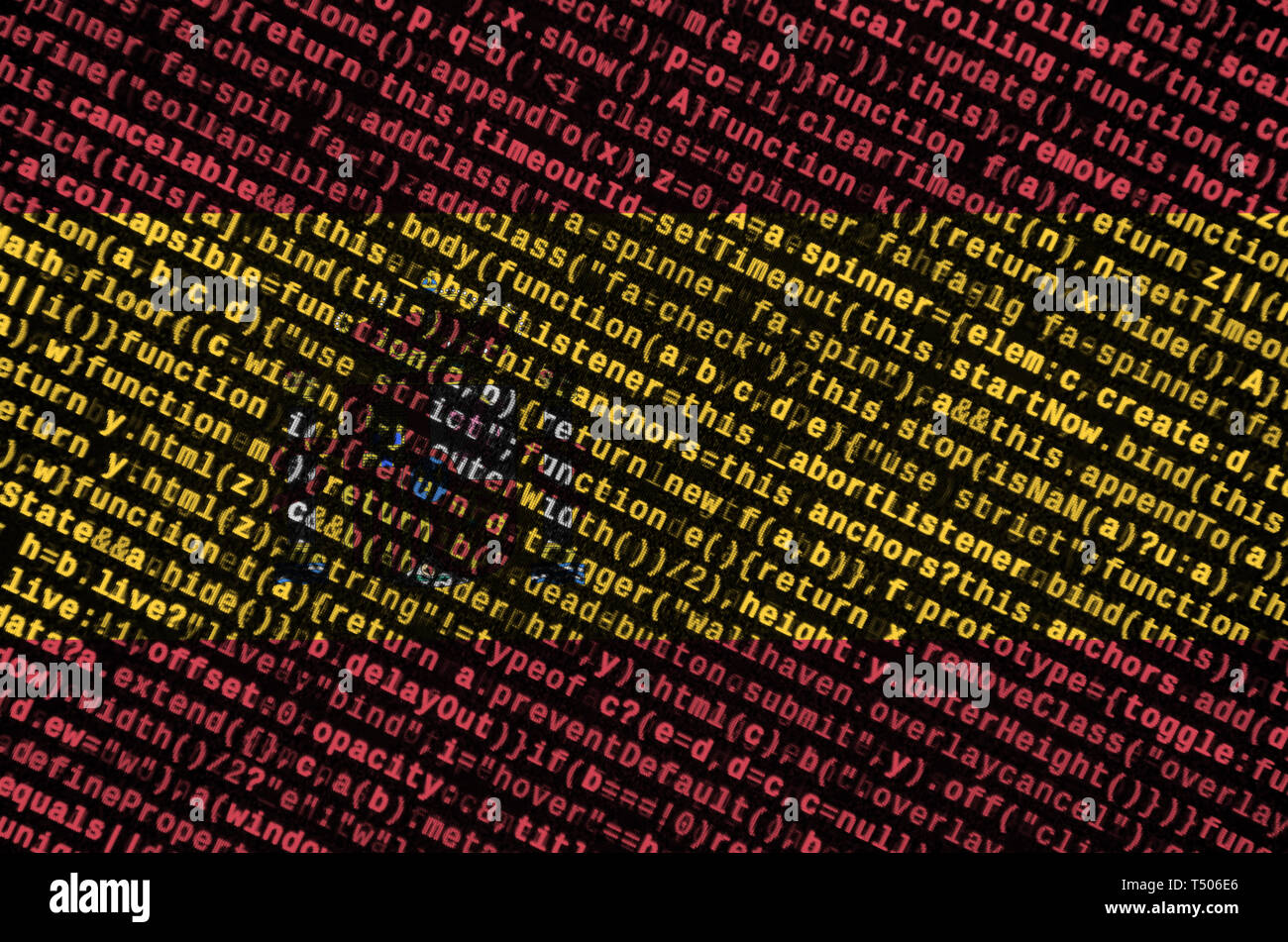 Spain flag is depicted on the screen with the program code. The concept ...