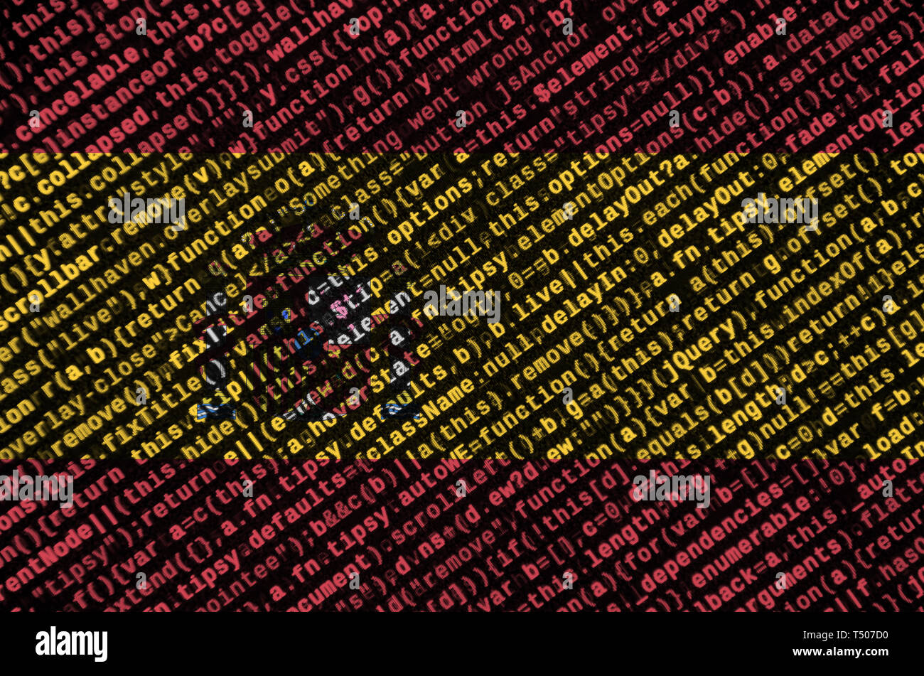 Spain flag is depicted on the screen with the program code. The concept ...