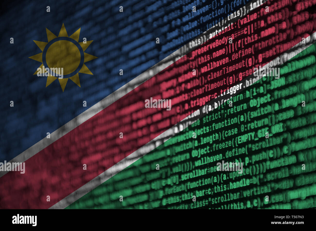 Namibia flag is depicted on the screen with the program code. The ...