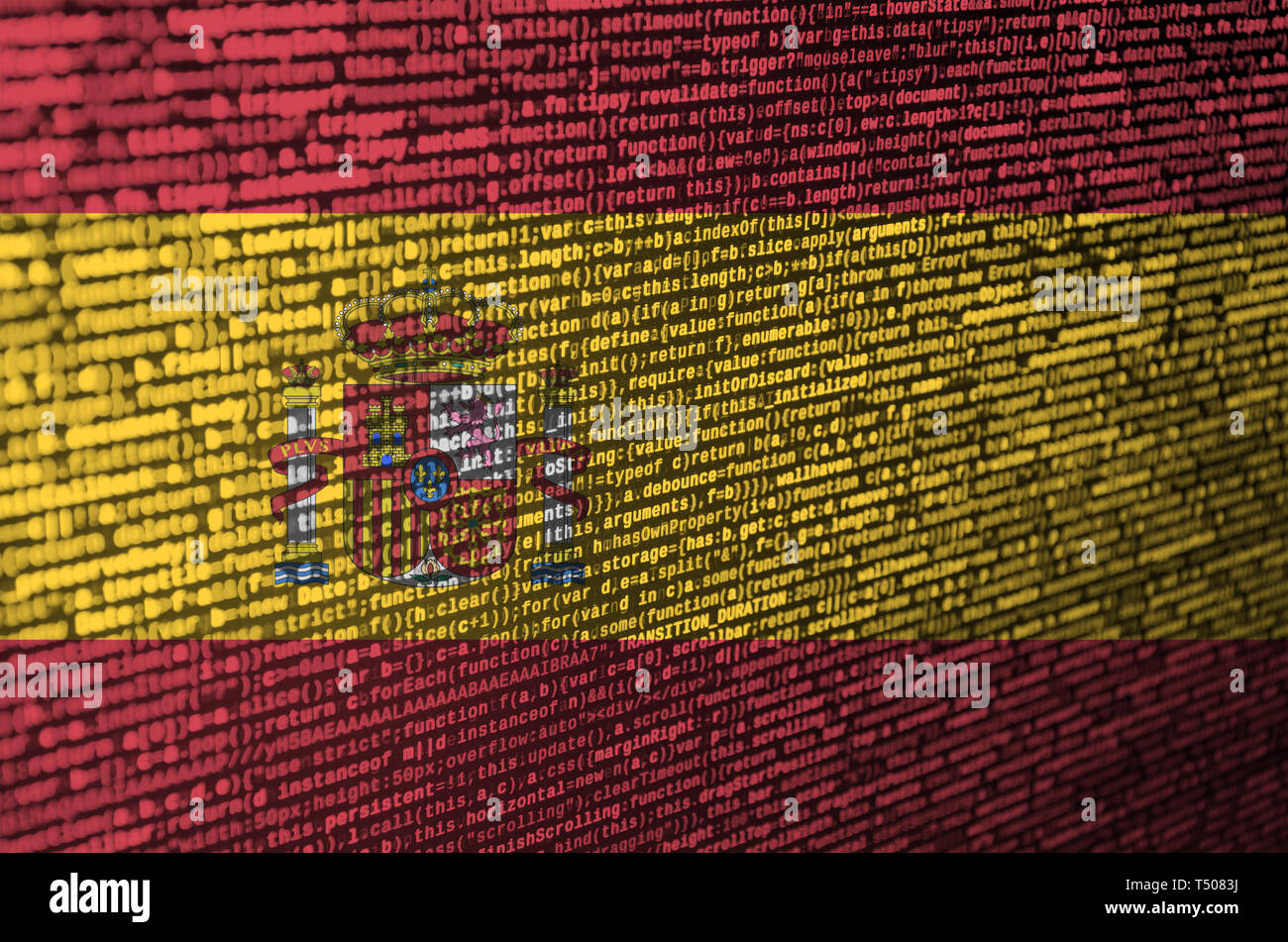 Spain flag is depicted on the screen with the program code. The concept ...