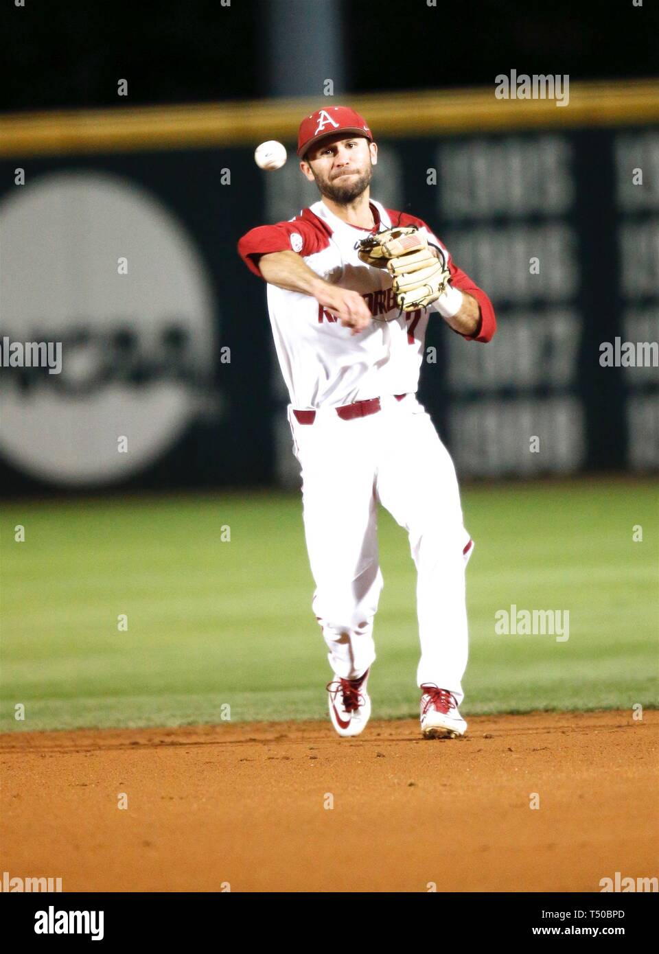 First. 18th Apr, 2019. Razorback second baseman Jack Kenley #5 makes a ...