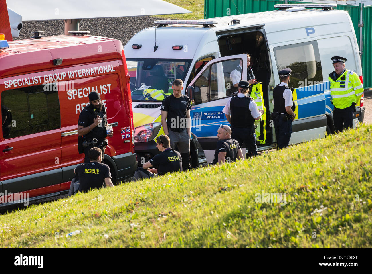 London, UK. 19th April, 2019. Police and specialist rescue vehicles ...