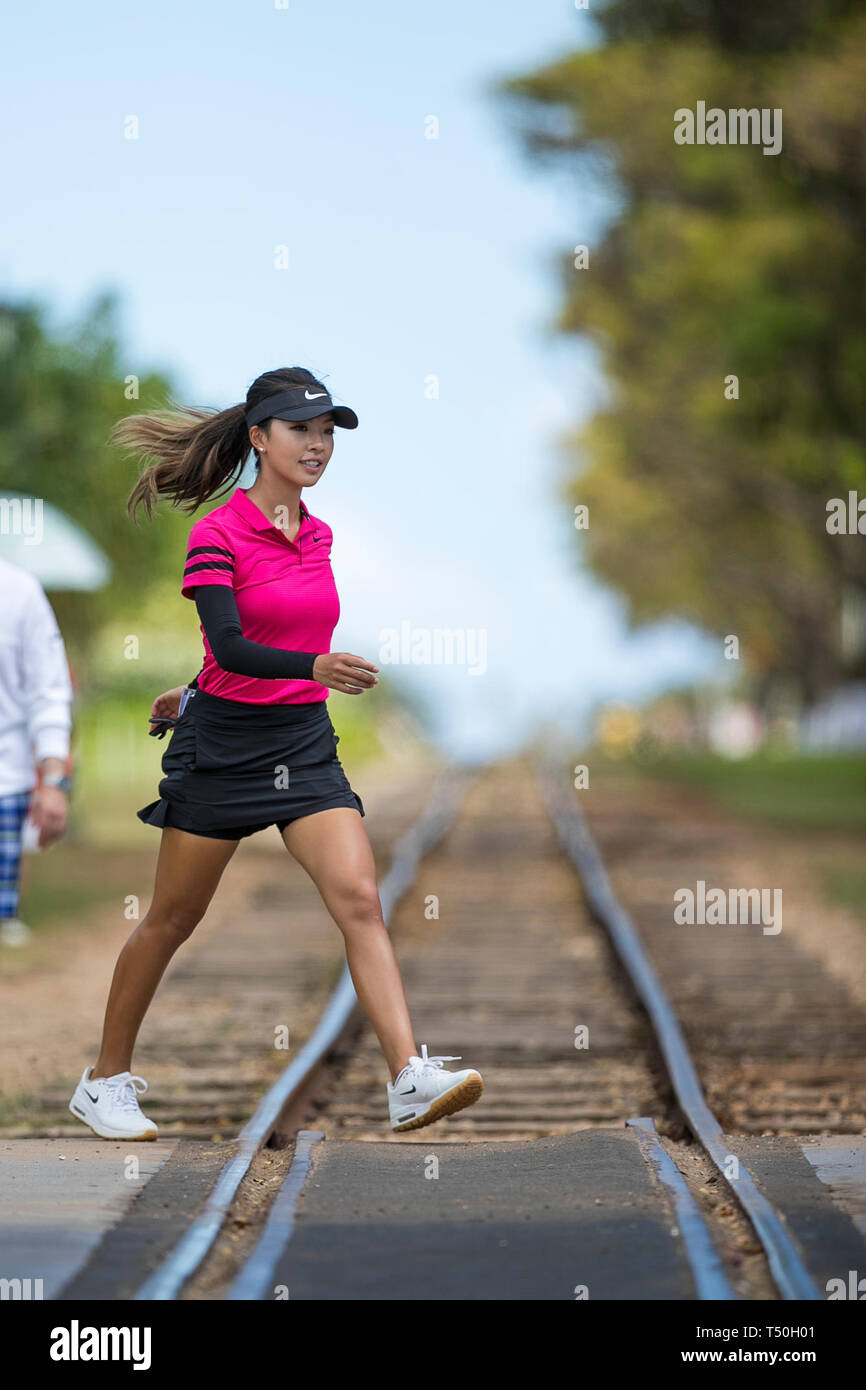 April 18, 2019 - Muni He crosses the railroad tracks during the second ...