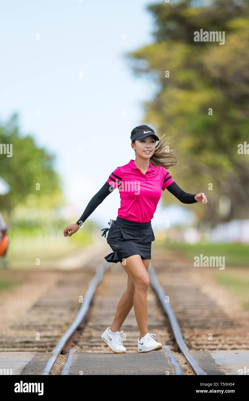 April 18, 2019 - Muni He crosses the railroad tracks during the second ...