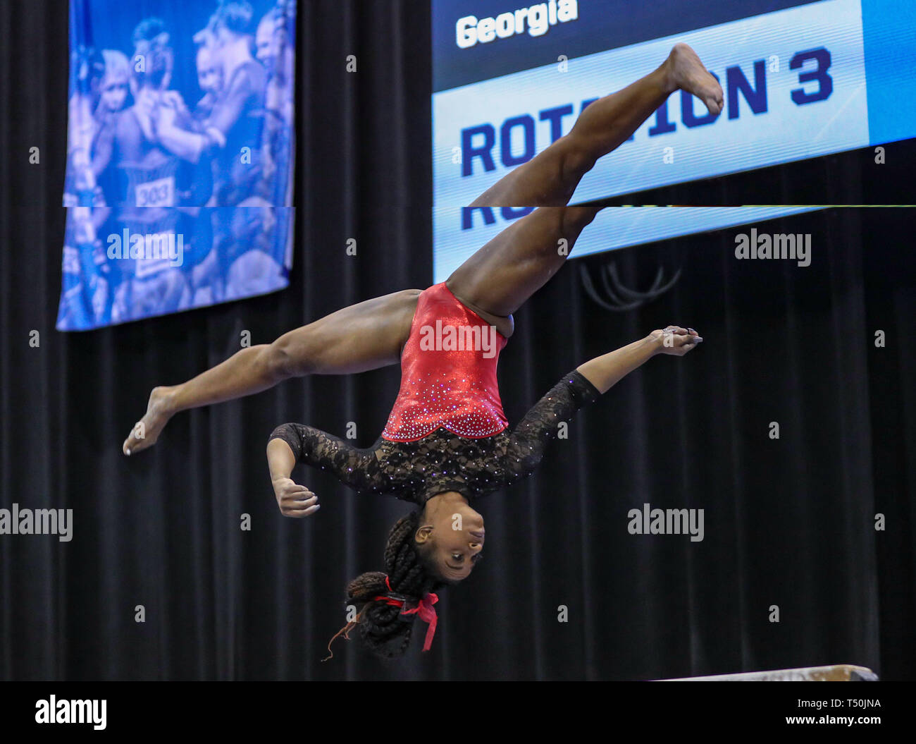 Fort Worth, TX, USA. 19th Apr, 2019. Arkansas' Hailey Garner executes a ...