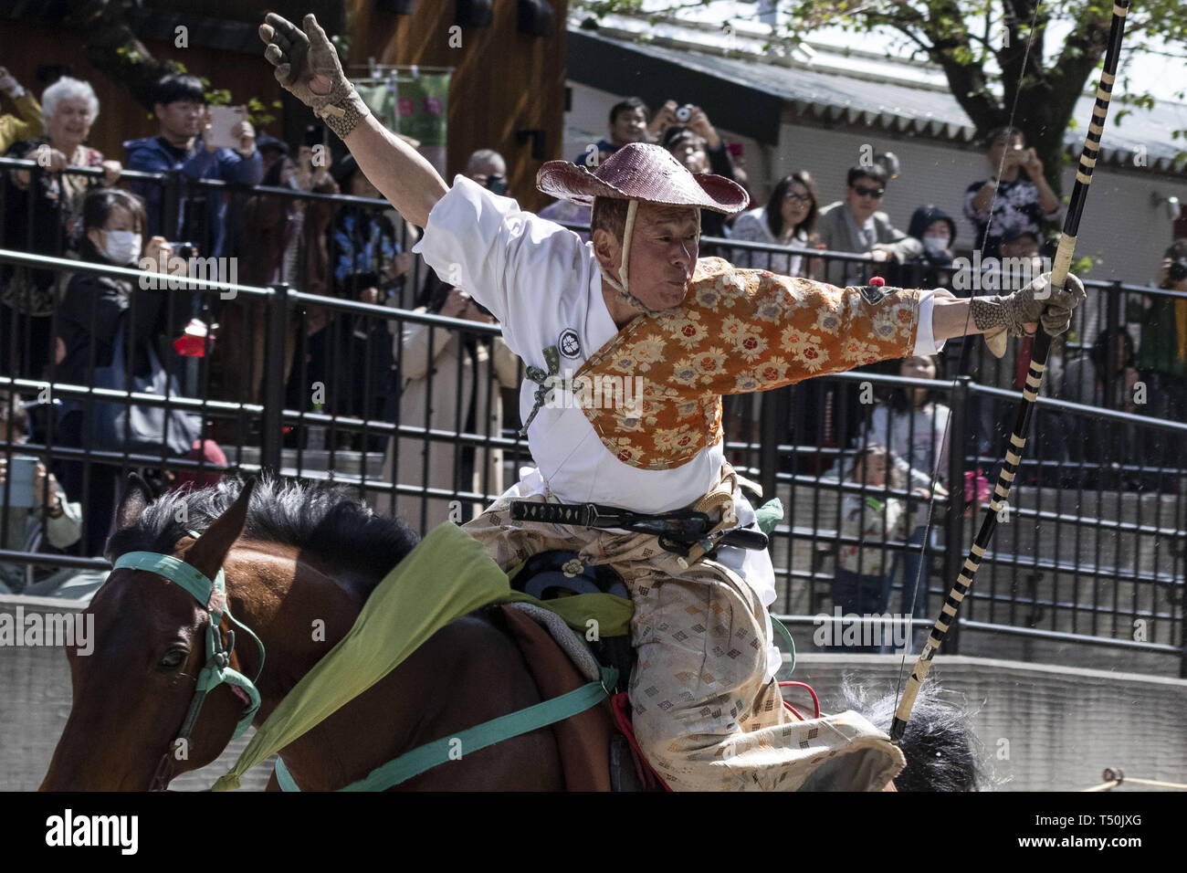 Tokyo, Japan. 20th Apr, 2019. A rider wearing traditional Japanese ...