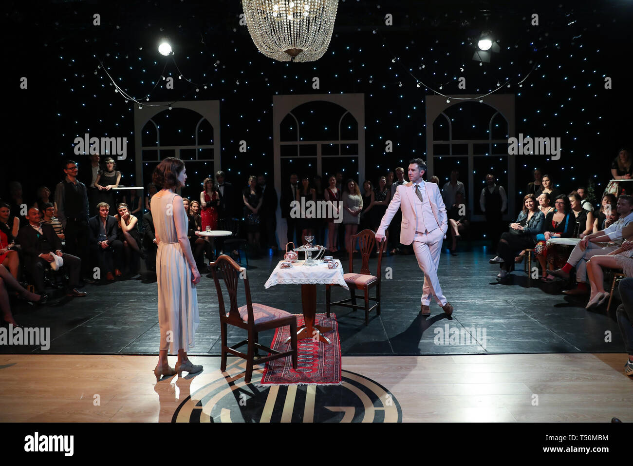 Brussels, Belgium. 19th Apr, 2019. An actor plays Jay Gatsby (R) while ...