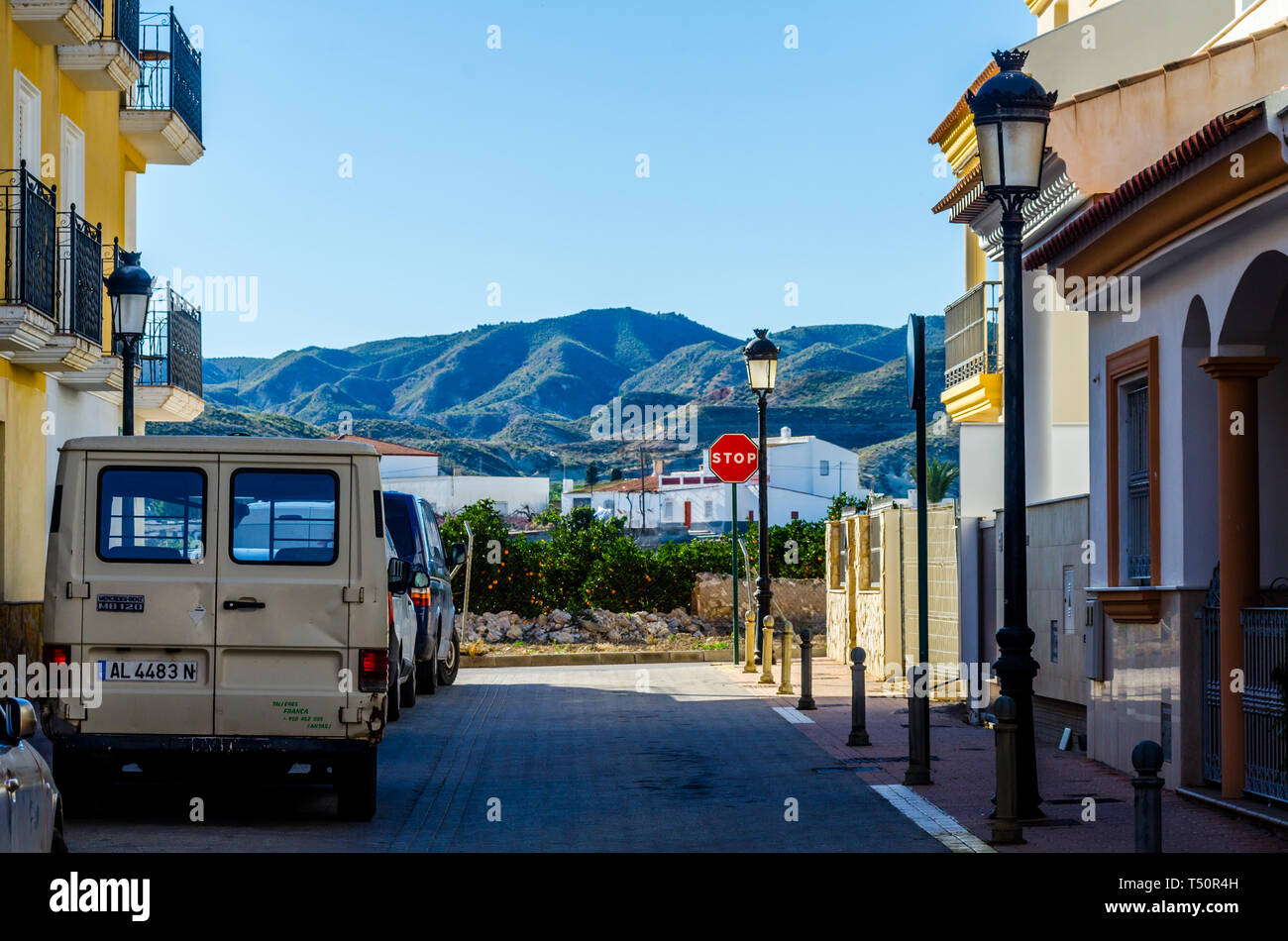 ANTAS, SPAIN - JANUARY 26, 2019 Empty Spanish streets in a small town ...