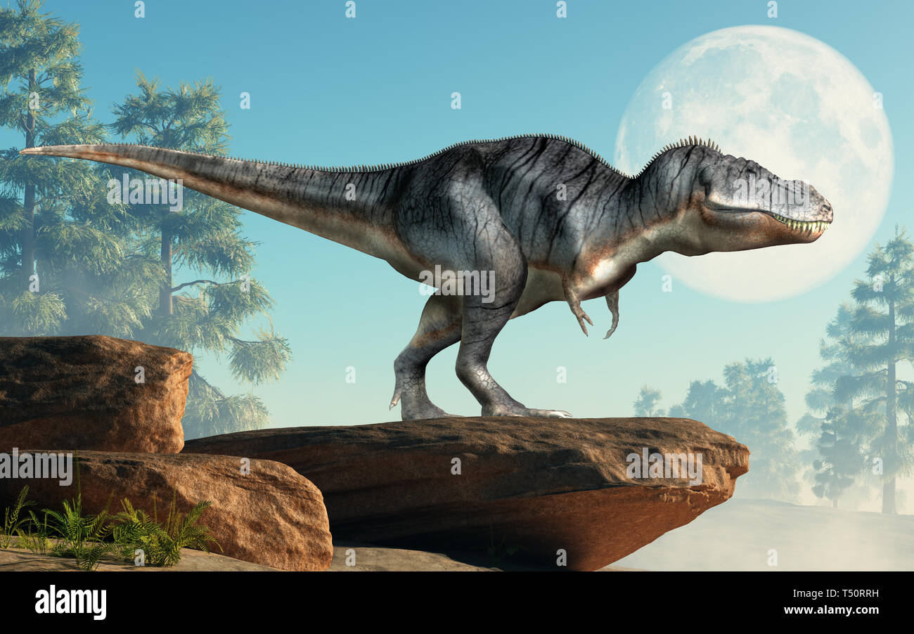 A tyrannosaurus rex stands on a cliff in front of the full moon. The ...