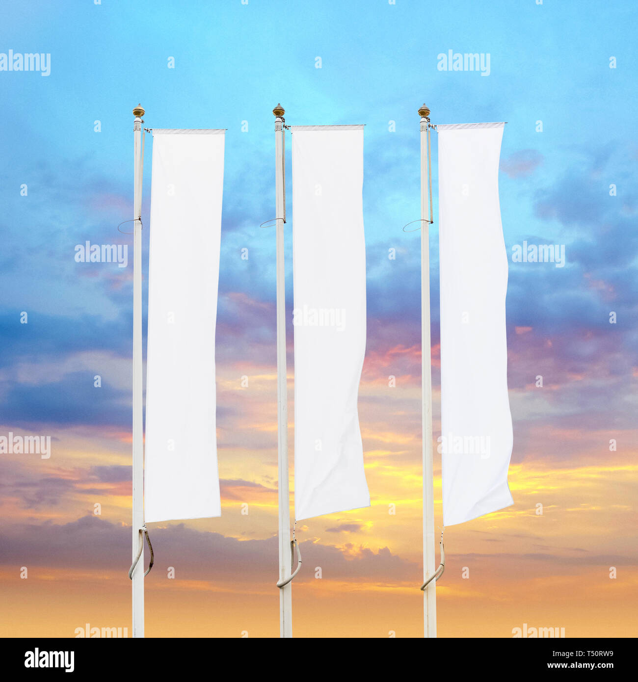 Three blank white corporate flags on flagpoles with sunset sky ...