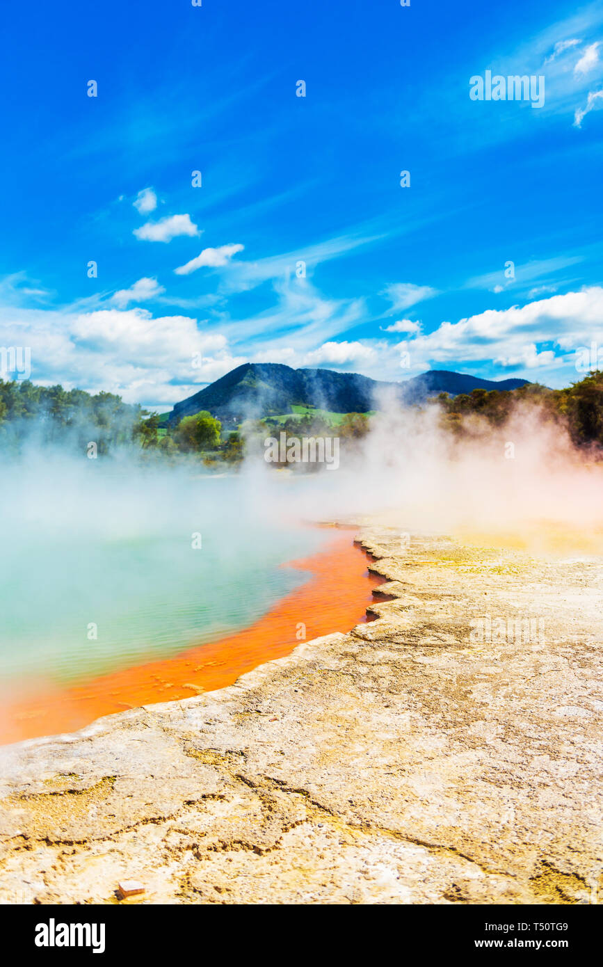 Geothermal pools in Wai-O-Tapu park, Rotorua, New Zealand. Vertical ...